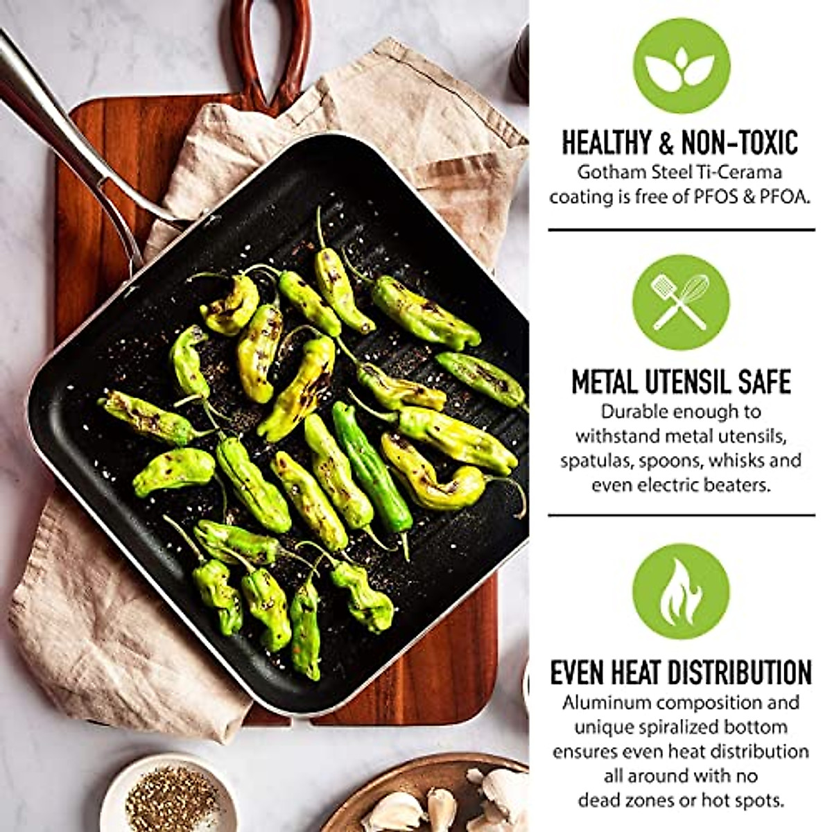 Gotham Steel Nonstick Grill Pan for Stovetops with Grill Sear Ridges, Drains Grease, Ultra Durable Coating, Metal Utensil Safe, Stay Cool Stainless-Steel Handle, Oven & Dishwasher Safe, 100% PFOA Free