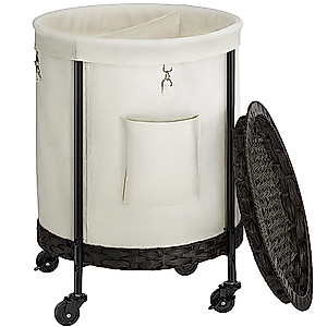 Greenstell Laundry Hamper with Lid, 198L Large 2 sections Rolling Laundry Basket with wheels, Round Laundry Cart with Rattan Tray and Removable Bag, Metal Frame, White