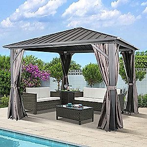 Ulax Furniture Outdoor Hardtop Gazebo Patio Aluminum Permanent Pergola with Galvanized Steel Roof, Mosquito Net and Privacy Curtain (10' x 10')