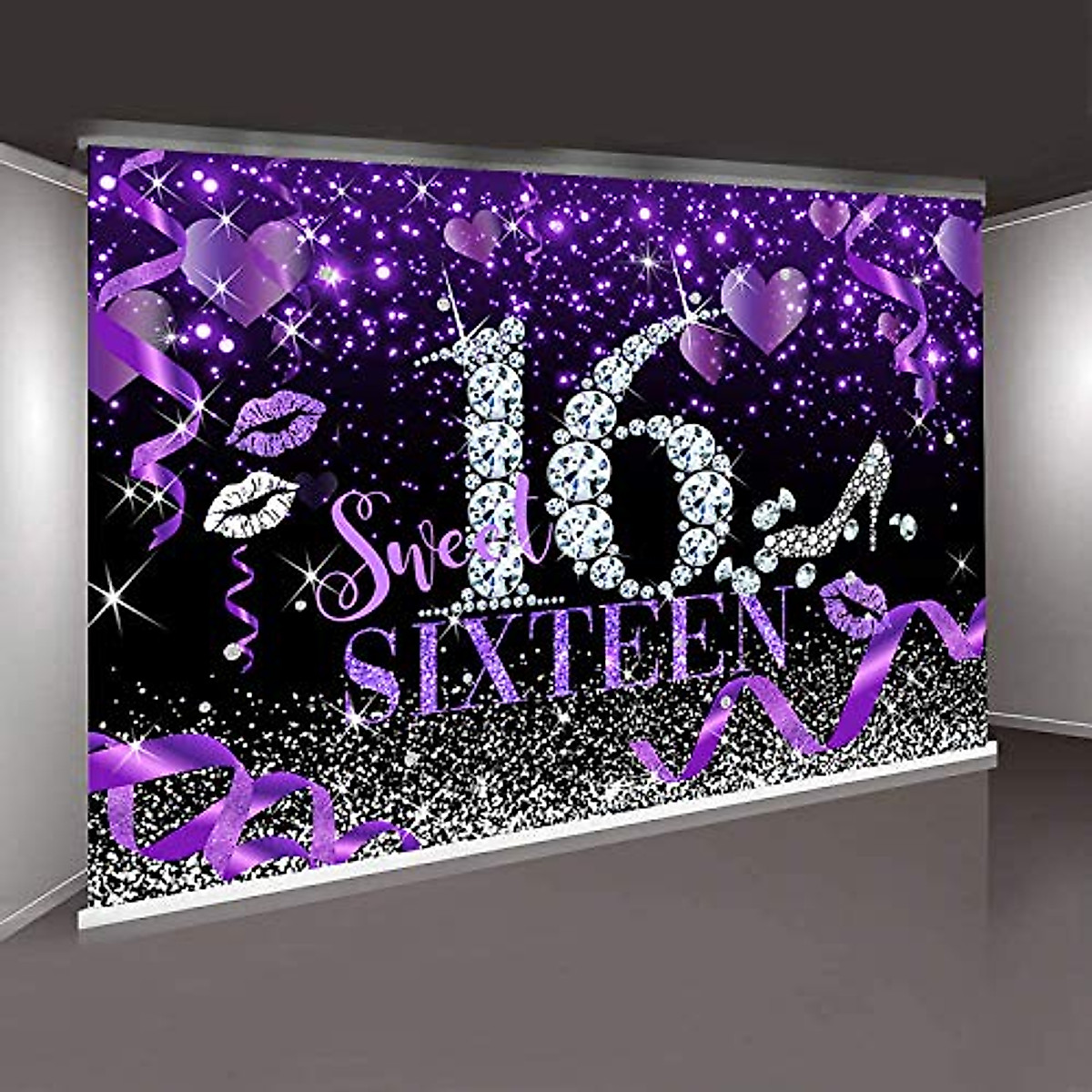 Sensfun Sweet 16 Silver Purple Bokeh Glitter Backdrop 7x5ft for Girls Happy 16th Birthday Party Decorations Banner Diamonds High Heels Sweet Sixteen Photography Photo Booth Props Supplies Background