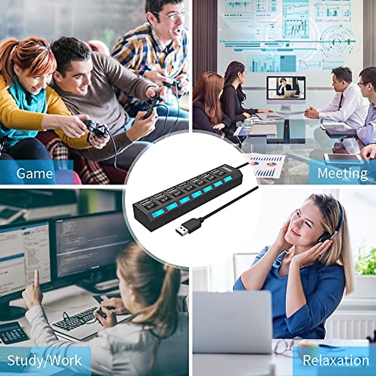 Multi Port USB Splitter, 7 in 1 USB Port 2.0 Hub with High Speed Individual ON/Off Switches and LEDs USB Port Expander (7-Port USB)