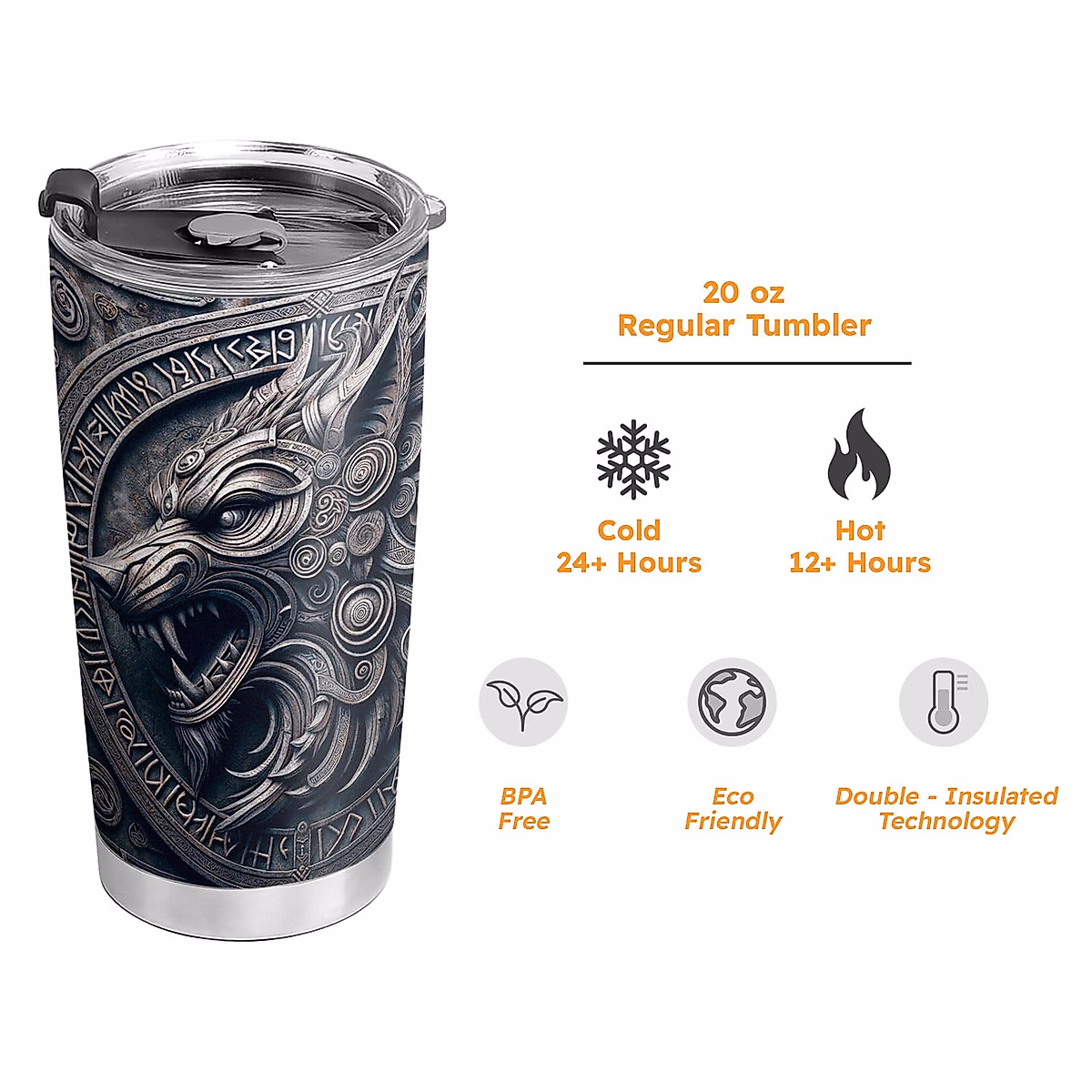 20oz Viking Celtic Warrior Wolf Tumbler, Norse Mythology, Viking Gifts for Men, Coffee Thermos for Men, Stainless Steel Double Wall Vacuum Insulated Coffee Mug, Travel Cup with Lid