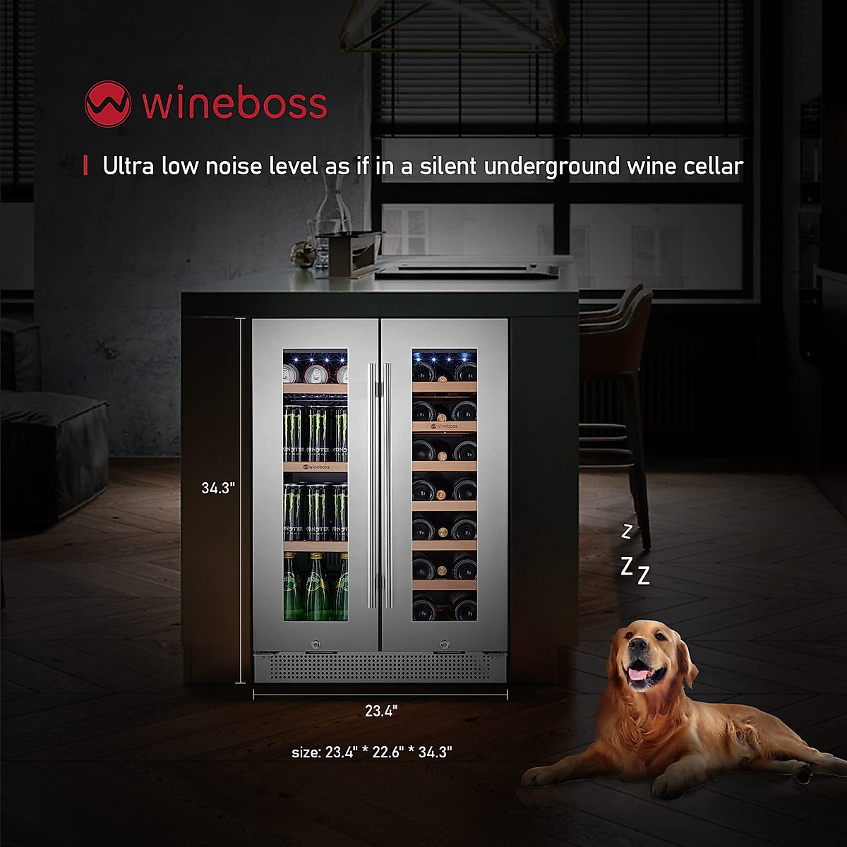 WINEBOSS 24 Inch Wine and Beverage Refrigerator, 20 Bottle & 88 Cans Dual Zone Beverage Fridge, Built-in Cabinet Wine Cooler, Freestanding Drink Chiller with Upgraded Compressor for Commercial Office