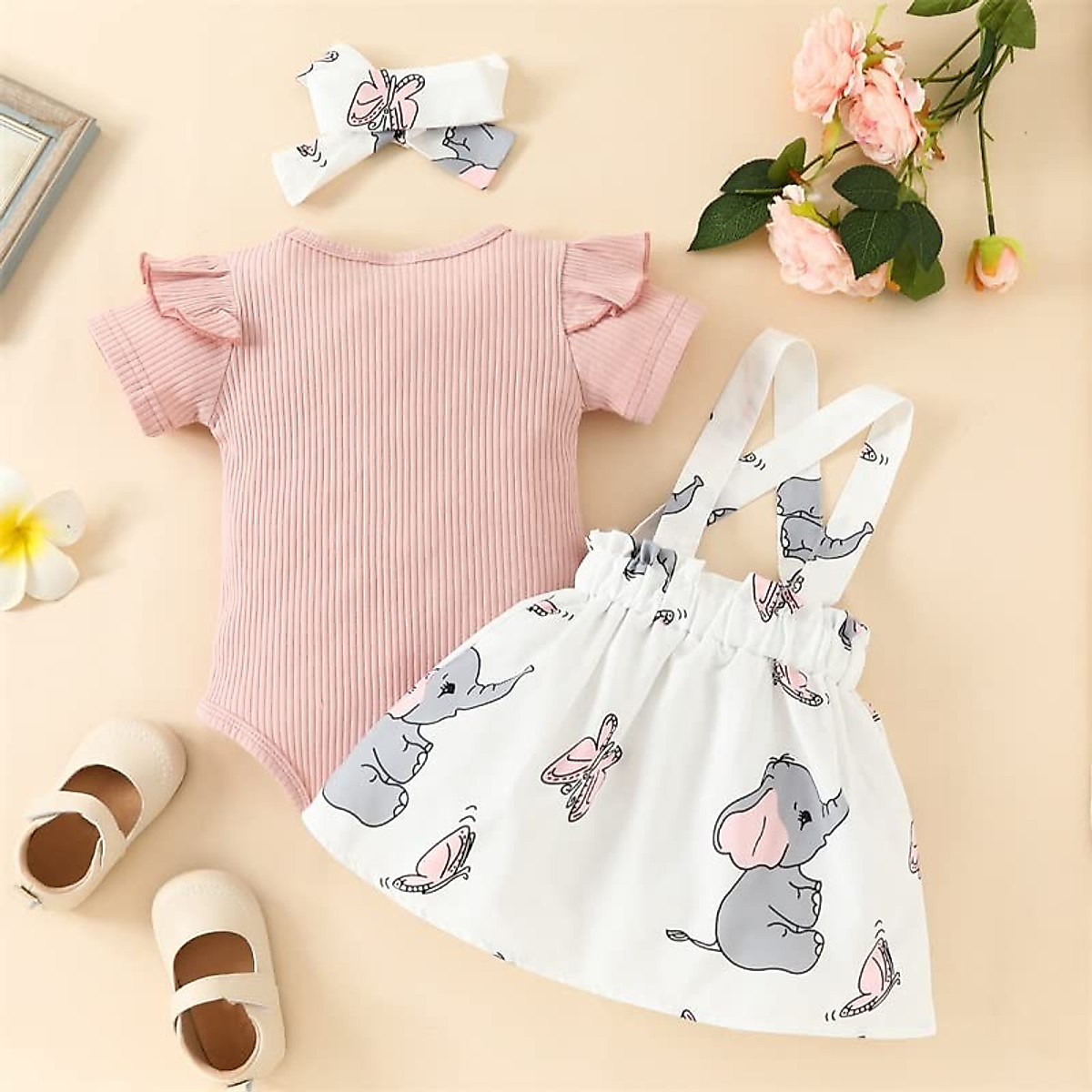 Maemukilabe Infant Newborn Girl Elephant Outfits Headband Ruffle Romper Suspender Skirt Sets Baby Girls ' Clothing Sets (Pink, 0-3 Months)