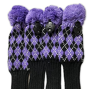 3pcs Knit Golf Club Head Covers,Golf Driver 3 5 Fairway Woods Covers, Pom Pom Golf Wood Headcovers Covers for Driver, 3 5 Woods - Purple