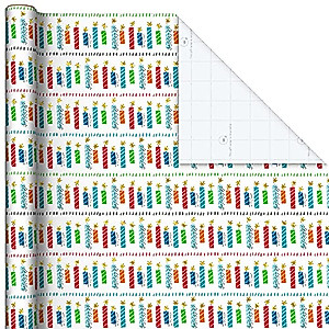 Hallmark Recycled Wrapping Paper with Cutlines on Reverse (3 Rolls: 60 Sq. Ft. Ttl) Red, Blue, Green, Gold Stripes, Candles, Happy Birthday" for Kids and Adults