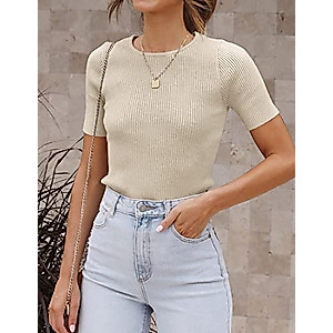 ZESICA Women's Short Sleeve Crewneck Ribbed Knit Slim Fit T Shirt 2023 Summer Casual Solid Color Tee Tops,Almond,Small