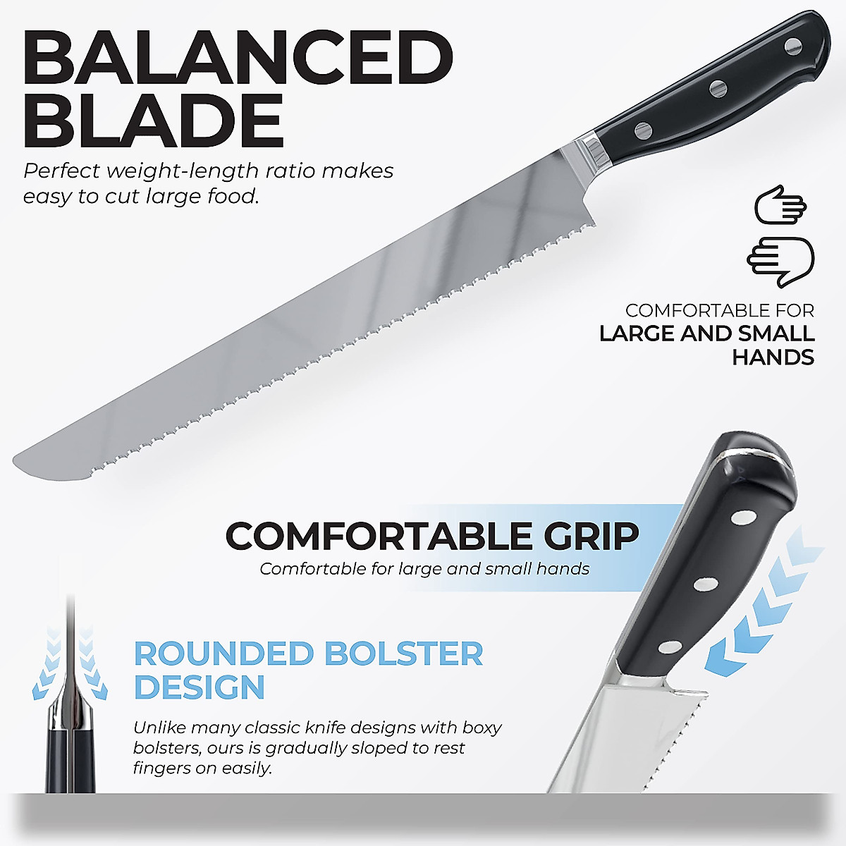 FOXEL Best Bread Knife 10 Inch Serrated - Razor Sharp Rust Resistant Japanese VG10 Steel for Cutting Bread, Cake, Sourdough, Sandwiches, Bagels, and Hard Crust - Black Handle