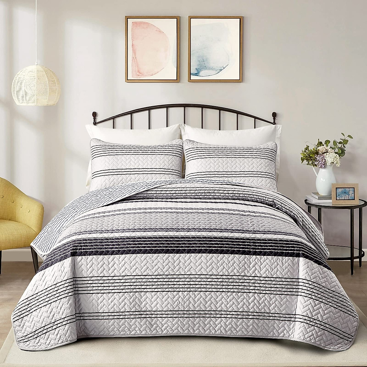 Mybedsoul Grey Boho Quilt Set King Size,3 Pieces Striped Bedspread,Soft Microfiber Coverlet for All Season-1 Quilt and 2 Pillow Shams,90"x104"