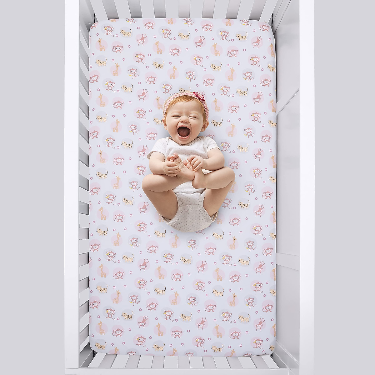 NoJo Little Love Sweet Jungle Friends Pink, White and Tan, Monkey, Cheetah and Giraffe Super Soft Fitted Crib Sheet