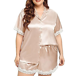 SWOMOG Satin Plus Size Pajama Women Short Sleeve Loungwear Two Piece Sleepwear Silk Satin Pajamas Set Comfy Pjs with Lace Trim Champagne
