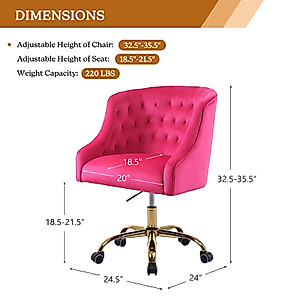 Velvet Home Office Chair with Gold Base, Comfortable Modern Cute Desk Chair, Adjustable Swivel Task Chair for Living Room Bedroom Vanity Study, Fushia