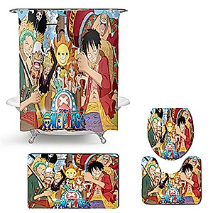 Superdada 4 Piece Japan Anime Bathroom Set One Piece Waterproof Shower Curtain Anti Slip Area Rugs Toilet Lid Cover Bath Mat Set 70x70in (Color:A)