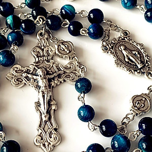 elegantmedical Handmade Blue Tiger Eye Beads Our Lady of Grace Rosary Cross Necklace Catholic Gifts