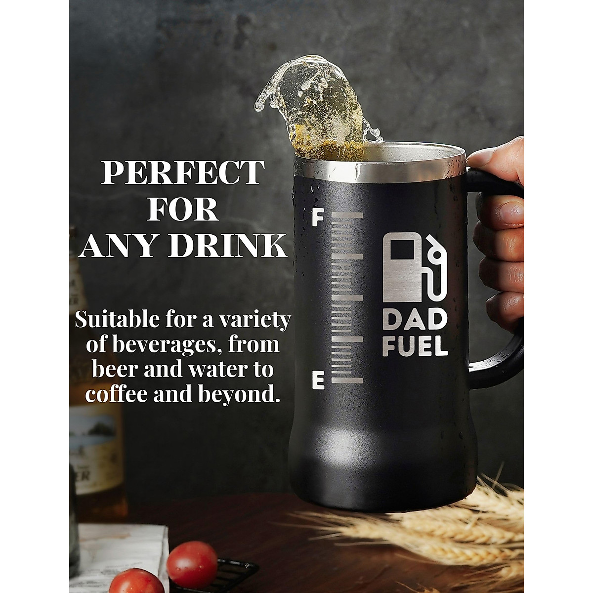 Onebttl Dad Fuel Gifts from Daughter Son, Stainless Steel Beer Stein Tumbler, 24oz Beer Mug with Lid for Father's Day