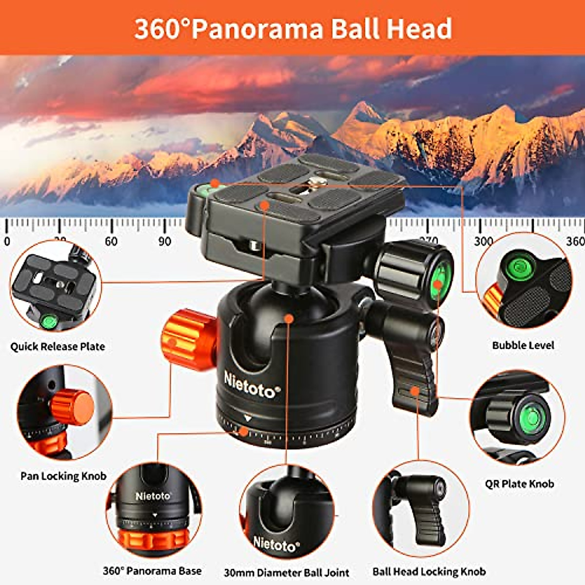 Nietoto New Professional Camera Tripod, Aluminum Travel Tripod for Camera, DSLR Camema Tripod, Compact Professional Camera Tripod Monopod with 360 Panorama Ball Head, 1/4 QR Plate, Carry Bag