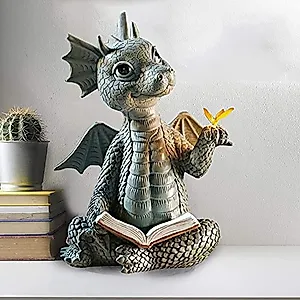 Dragon Reading Book Statue Dinosaur Holding Butterfly Figurines Art Resin Sculpture Outdoor Garden Decor Home Desk Ornament