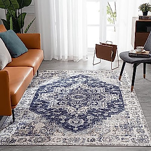 Auemtyn Rugs for Living Room,5x7 Boho Area Rug for Bedroom,Washable Rug Indoor Floor Print Distressed Carpet,Soft Anti-Slip Vintage Rug for Home Decor(5'x7',Blue)