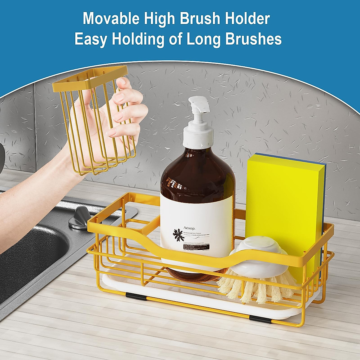 Sponge Holder Kitchen Sink Caddy Organizer, Sponge Holder for Kitchen Sink with Brush Storage, 304 Stainless Steel Black Dish Soap Holder Rack with Removable Drain Tray - Not Included Dispenser, Brush
