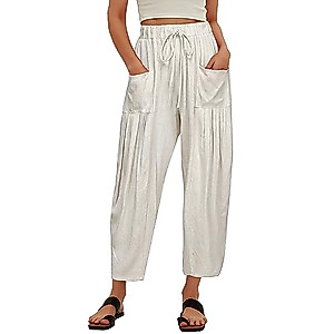 Beaully Women Linen Pants Palazzo Lounge Harem Wide Leg Pants Beach Long Trousers with Pockets 6094 Beige X-Large