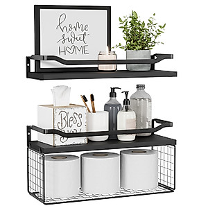 WOPITUES Floating Shelves with Wire Storage Basket, Bathroom Shelves Over Toilet with Protective Metal Guardrail, Wood Wall Shelves for Bathroom, Bedroom, Living Room, Toilet Paper-Black
