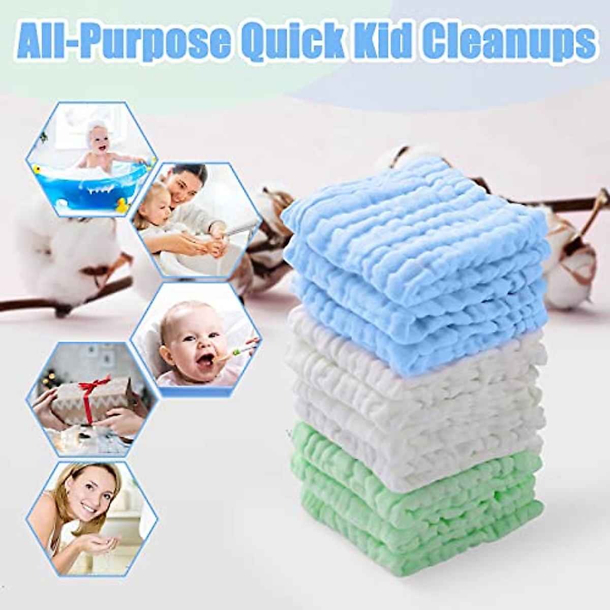 MUKIN Baby Washcloths - Soft Face Cloths for Newborn, Absorbent Bath Face Towels, Baby Wipes, Burp Cloths or Face Towels, Baby Registry as Shower. Pack of 10 (Green,Blue,White)