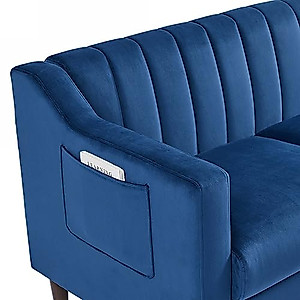 KNAMOTL Mid Century 3 Seats Velvet Chesterfield Sofa Couch with Storage Side Pocket, Upholstered Tufted Comfortable Sofa with Armrest for Bedroom Apartment Home Office, Space-Saving (Blue)