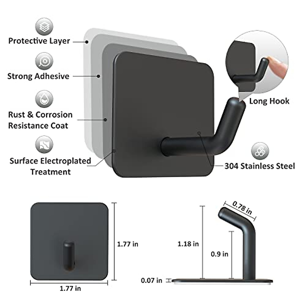 VIS'V Adhesive Hooks, Black Self Adhesive Shower Wall Hooks Waterproof Stainless Steel Stick on Hooks Heavy Duty Kitchen Bathroom Sticky Hooks for Towel Loofah Key Cup Hat Coat - 4 Pcs