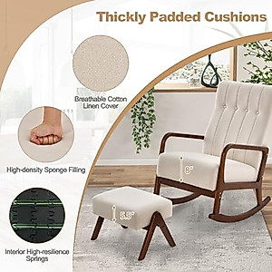 Upholstered Rocking Chair with Ottoman and Solid Rubber Wood Frame and Padded Cushion, Comfortable Rocker Solid Wood for Living Room (Beige)