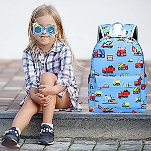 AUIVTY Construction Preschool Backpack for Boys, Kids Backpack for Preschool Kindergarten Toddler Daycare and Travel, Car Bookbag with Chest Buckle (Construction-Light Blue)