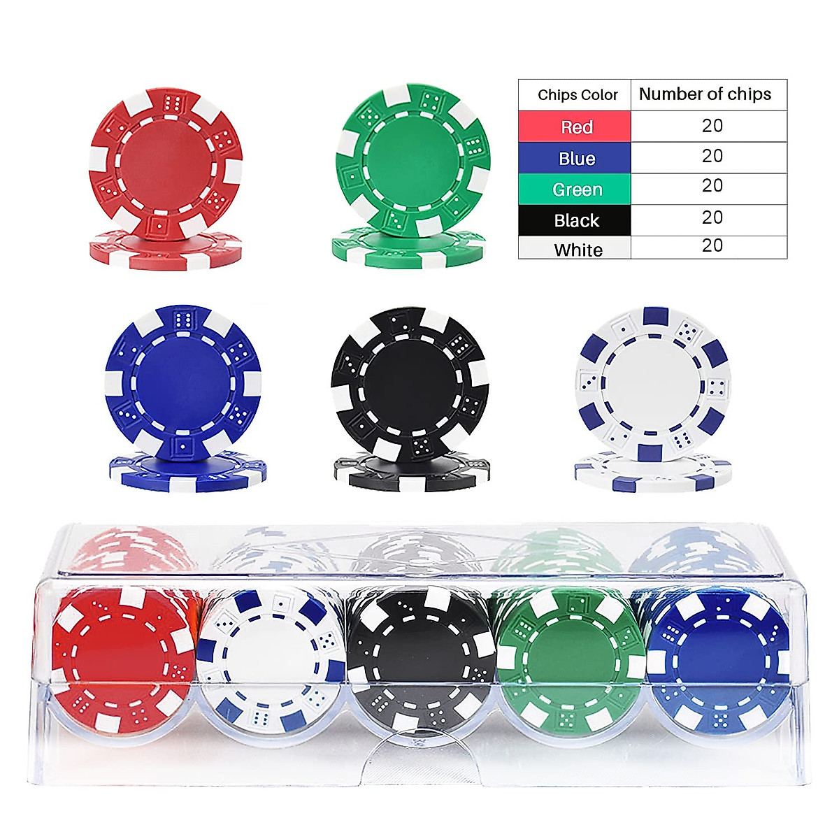 100Pcs Professional Poker Chip with Storage Box, 5 Colors Casino Poker Chips Set, 11.5 Gram Clay Composite Casino Poker Chips for Casino Card Games Texas Holdem Blackjack Gambling (with Clear Box)