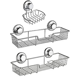 SANNO Suction Cups Shower Caddy Soap Dish Holder for Large Shampoo Shower Gel Holder Bathroom Storage Bath Organizer Kitchen Storage Basket for Shampoo, Conditioner, Soap- Rustproof Stainless Steel