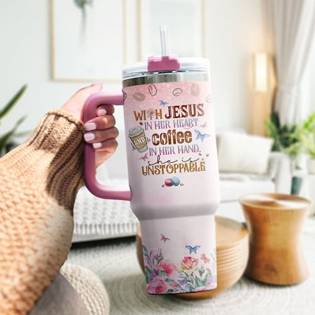 99OWL Insulated Handle Men Primrose Flower Camelia Butterfly Religious Women Yellow Simple Tumblers, Christian Gifts, Tumbler 40 Oz With Handle Lid And Straw, Jesus And Coffee Floral