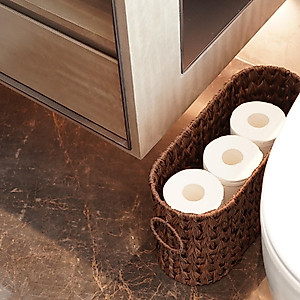 PINXIURY Toilet Paper Storage Basket, Bathroom Toilet Organizer with Strap Handle, Woven Toilet Paper Holder for 6 Mega Rolls, Bathroom Storage, Magazine Holder for Office, Bedroom,Coffee