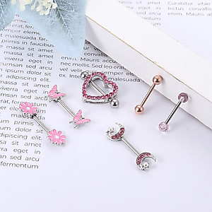 Kakonia 6 Pairs 14G Nipple Rings for Women 316L Stainless Steel Heart Butterfly Moon CZ Flower Barbell Nipple Rings Set Cute Nipplerings Piercing Jewelry