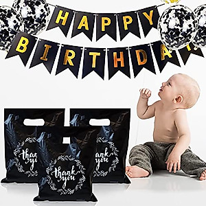 KDPATFAV 70 PCS 9" x 12" Plastic Merchandise Bags Shopping Bags with Thank You Logo Boutique Bags with Handles for Birthday Party Baby Shower Wedding Trade Shows and More (Black)