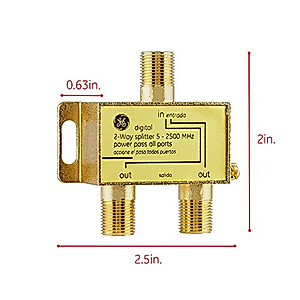 GE Digital 2-Way Coaxial Cable Splitter, 2.5 GHz 5-2500 MHz, RG6 Compatible, Works with HD TV, Satellite, High Speed Internet, Amplifier, Antenna, Gold Plated Connectors, Corrosion Resistant, 33526