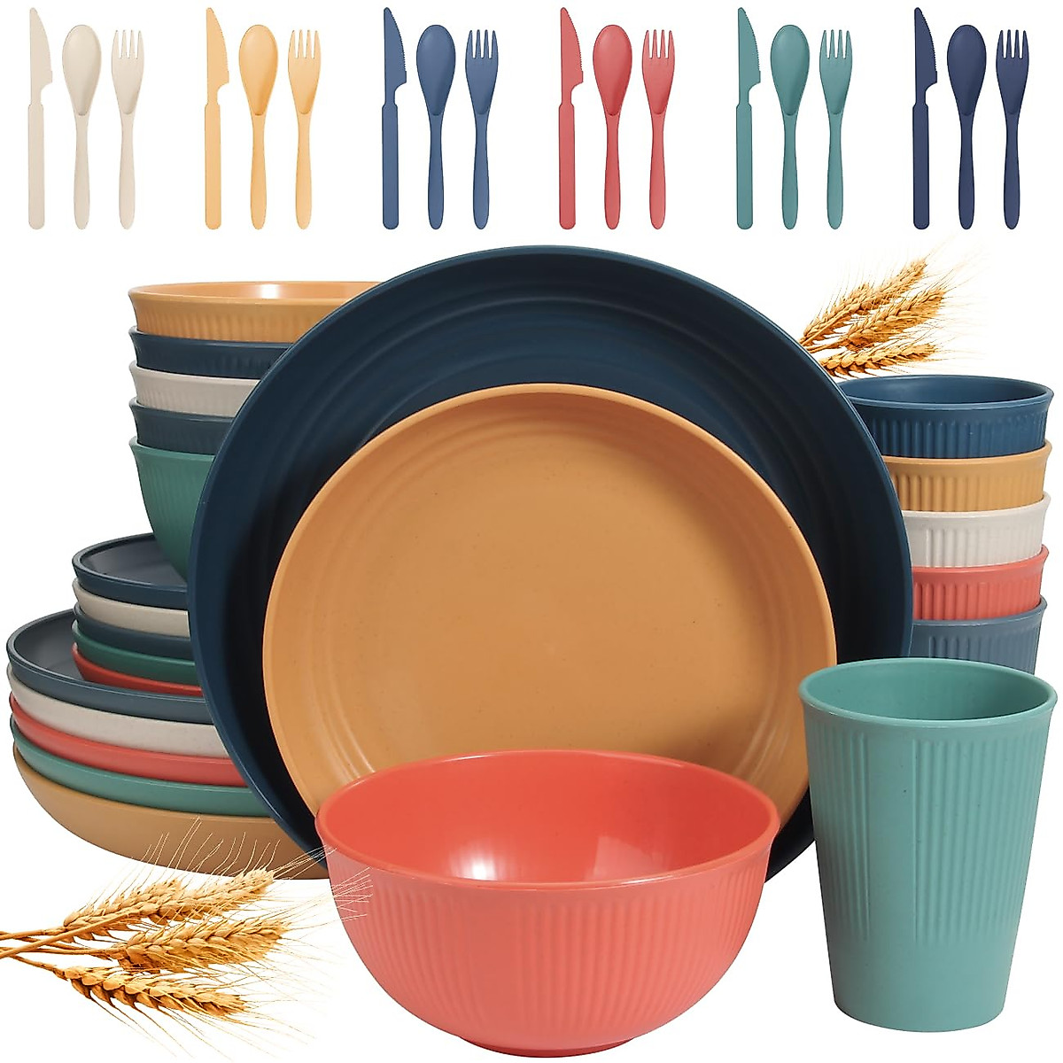 Wheat Straw Dinnerware Sets for 6 (42pcs), SGAOFIEE Unbreakable Dinnerware Set, Kitchen Plates and Bowls Set, Unbreakable Plastic Outdoor Camping Dishes, Dishwasher Microwave Safe, Autumn Multicolor