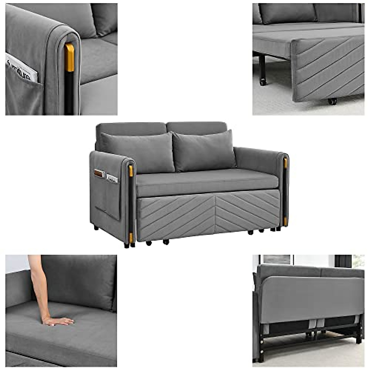 54" Pull Out Couch for Living Room, Convertible Sofa Bed with 2 Detachable Arm Pockets and Velvet Loveseat Multi-position Adjustable Sofa with Bedhead and 2 Pillows for Bedroom, Movie Room - Grey