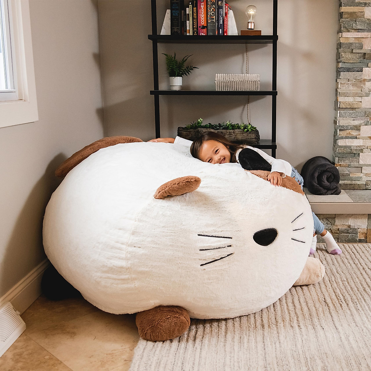 Big Joe Wild Things Foam Filled Animal Bean Bag Chair with Removable Cover, Francesca Feline Snugglepuff, Soft Faux Fur, 3 feet Big