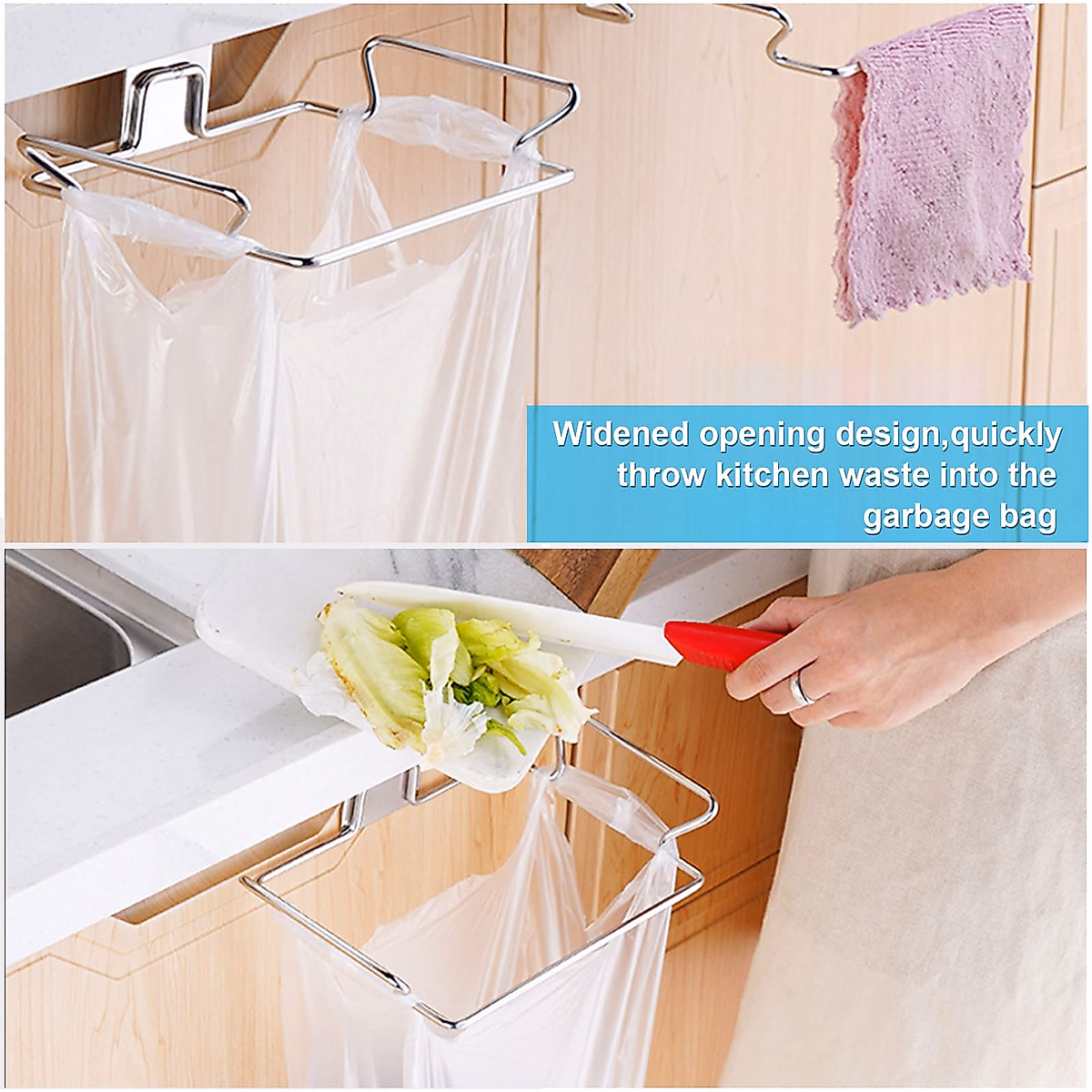 4 PCS Stainless Steel Trash Bag Holder for Kitchen Cabinet Door Cupboards, Under Sink Hanging Garbage Bag Holder, Metal Over Cabinet Door Trash Bag Holder for Kitchen RV Camper (Silver)