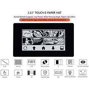 Waveshare 2.13inch Touch e-Paper HAT for Raspberry Pi 4B/3B+/3B/2B/Zero/Zero W/Zero WH, 250x122 Pixels, Black White Two-Color, 5-Point Touch E-Ink Screen LCD, SPI Interface Support Partial Refresh