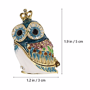 VOSAREA Owl Trinket Box Hand Painted Metal Hinged Jewelry Box Enameled Crystals Rings Earrings Necklace Storage Container Animal Figurine Collectible for Home Decor Blue