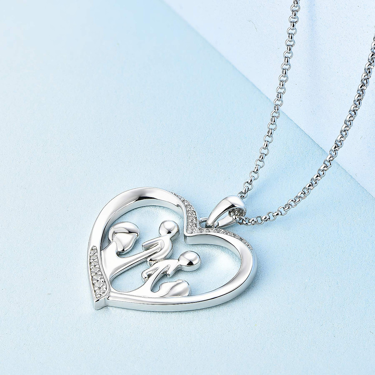 JO WISDOM Women Mum Heart Necklace,925 Sterling Silver Mother Daughter/Son 2 Kids Father Family AAA Cubic Zirconia Pendant Necklace,Gift for Mum