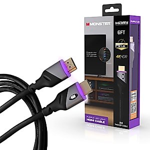 Monster 6ft High Speed 4K HDR Hdmi Cable with Built-in Purple Led Light, Gaming, Video, and Computer