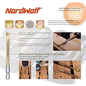 NordWolf 12-Piece HSS Titanium Metric Step, Countersink, Cone Drills with 1/4" Hex Shank, Multi Drill Saw & Automatic Center Punch Combination Set in Storage Case