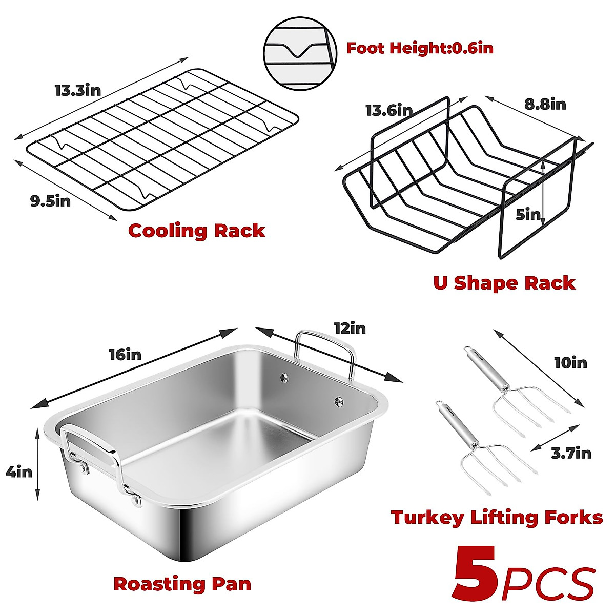 Hillbond Stainless Steel Roasting Pan with Rack 16 Inch Turkey Roaster Pan with U-Shaped Rack Flat Rack Turkey Lifting Forks for Turkey, Chicken, Vegetables Set of 5