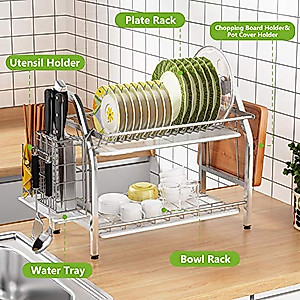 1Easylife Dish Drying Rack, 2 Tier Dish Rack Stainless Steel with Utensil Knife Holder and Cutting Board Holder Dish Drainer with Removable Drain Board for Kitchen Counter Organizer Storage (Silver)