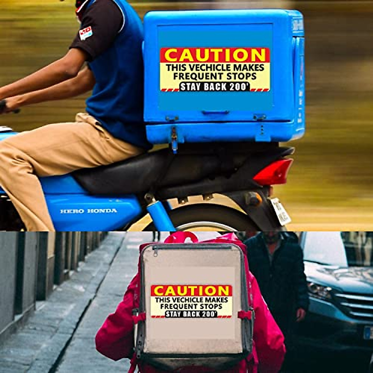 Frequent Stops Sticker - (Pack of 12) 4" x 10" Large Caution This Vehicle Makes Frequently Stops Stay Back 200 Feet Warning Sign Bumper Decal for Delivery Vehicle