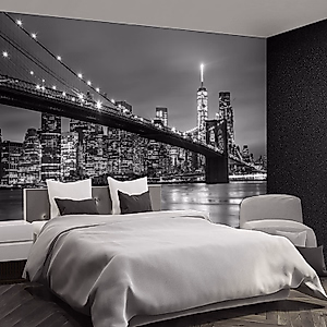 Fightal - Grey New York Mural Wallpaper Brooklyn Bridge Wall Paper Wall Mural City Scape Large Wallpaper for Living Room Bedroom 151"x105"（It's It's not Peel and Stick.）